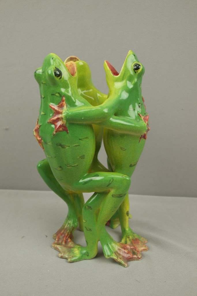 Majolica figural vase with three dancing frogs,