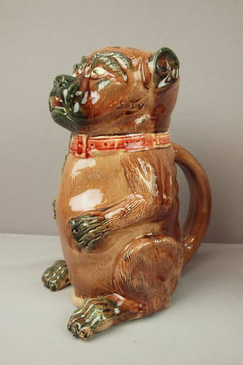 Majolica Figural Pug Dog Pitcher, 10 1/4" Minor