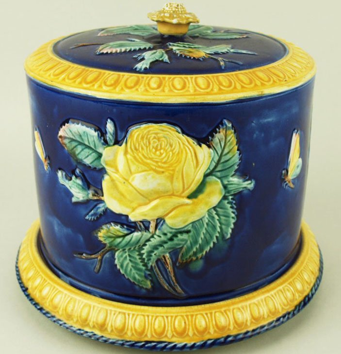 A Rare Majolica half stilton cheese keeper, the cover
