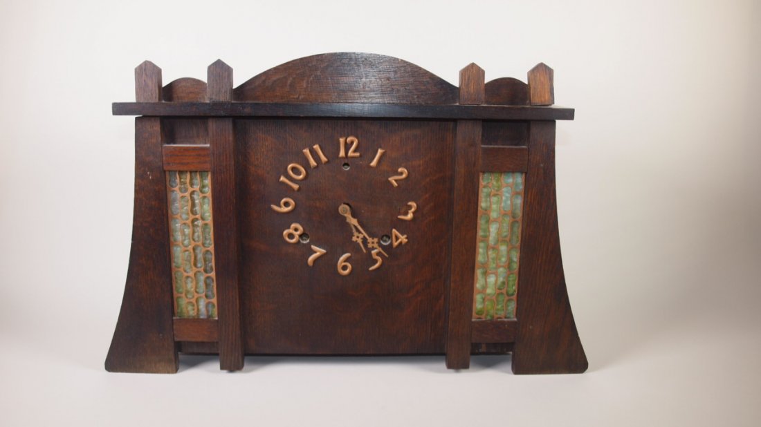 Arts & Crafts mission style oak mantle clock with panel