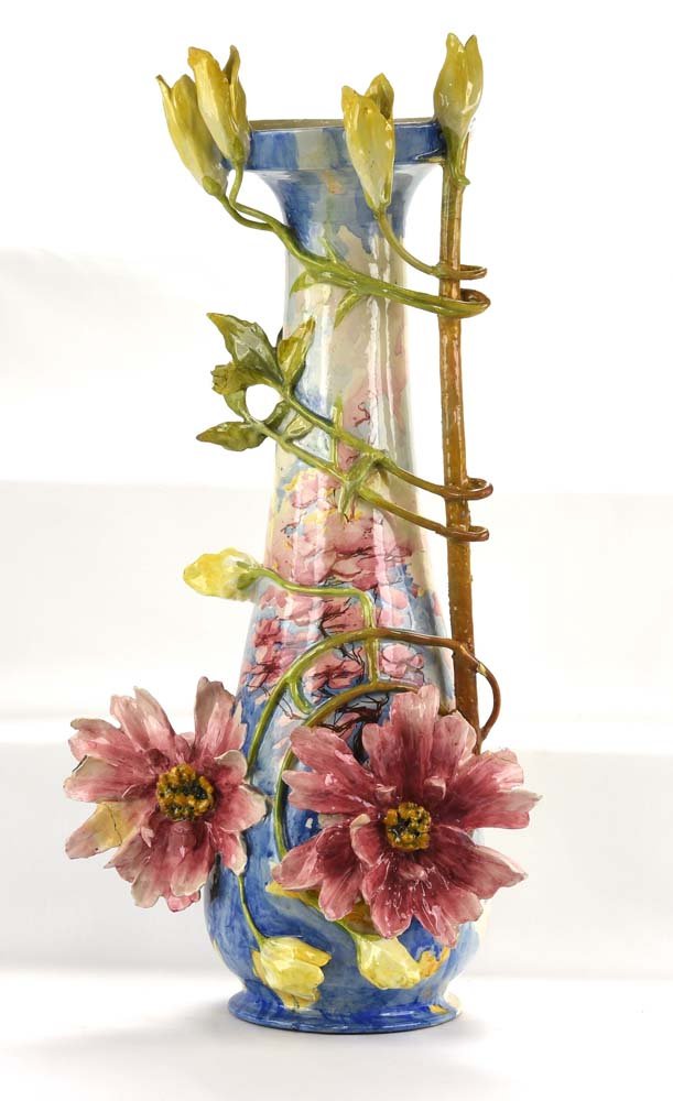 Massier style large vase with flowers, losses and