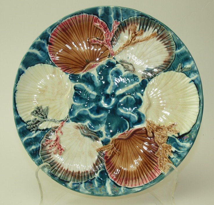 Wedgwood shell and waves Majolica oyster plate, 9.5"