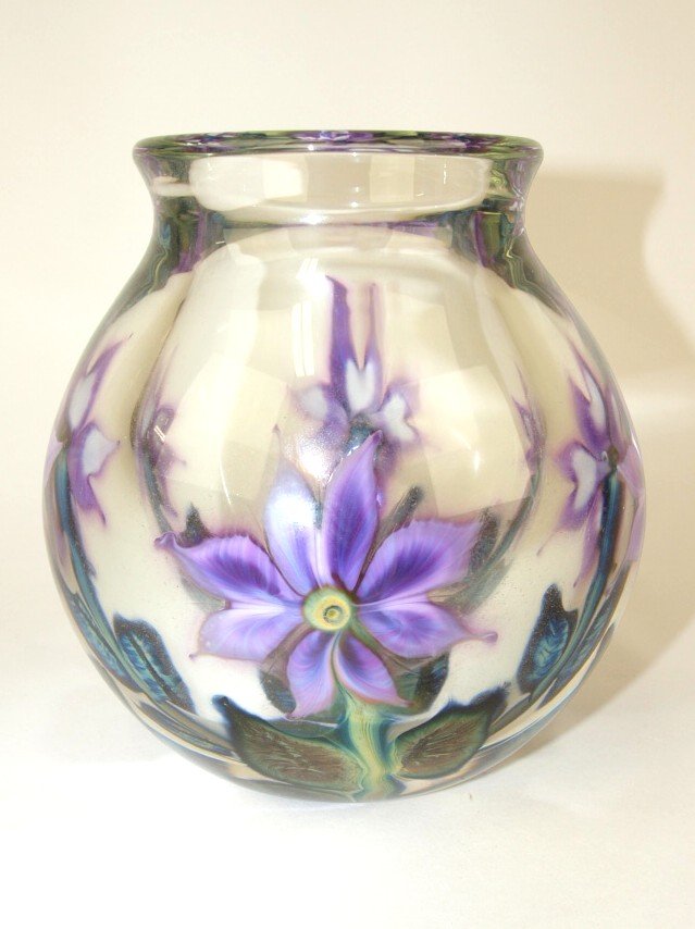 David Lotton multi layer cased flora art glass vase,