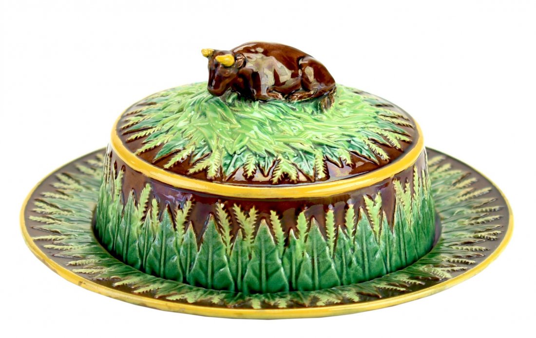A Rare George Jones Majolica Butter Dish And Stand