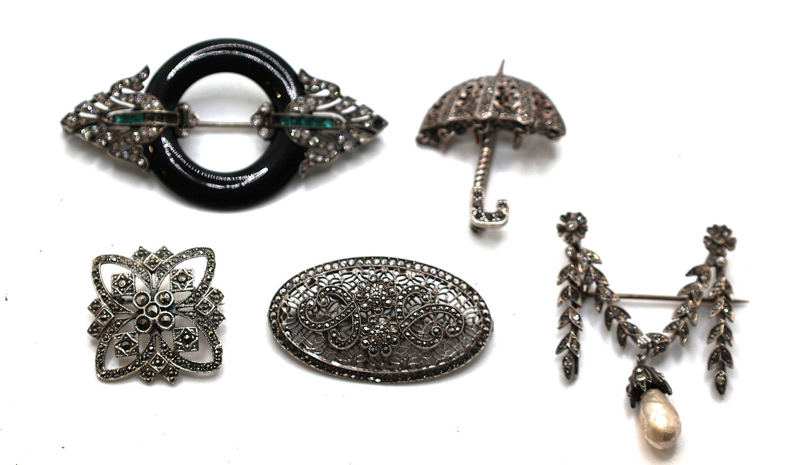 5 Assorted Sterling Silver And Marcasite Pins: Black Onyx With Green ...