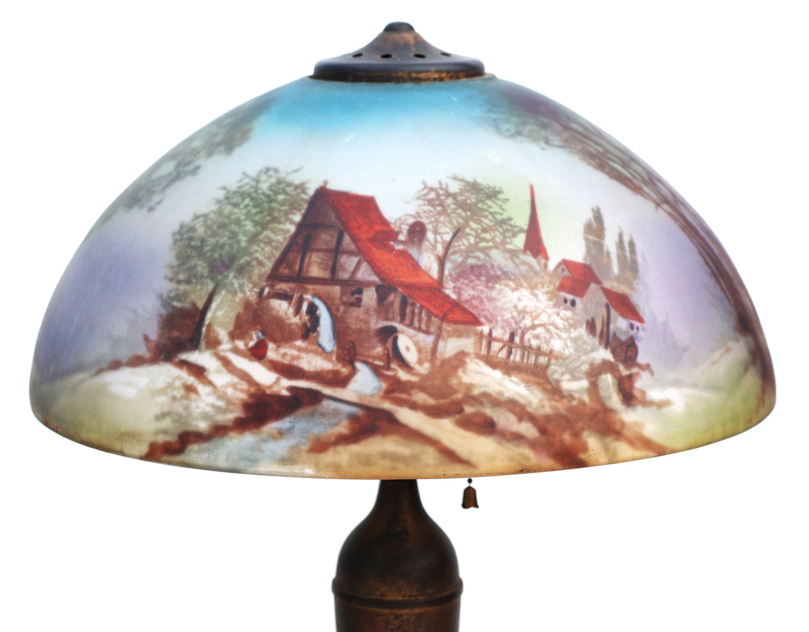 Antique Reverse-painted Table Lamp Featuring A Rural Winter Scene On A ...