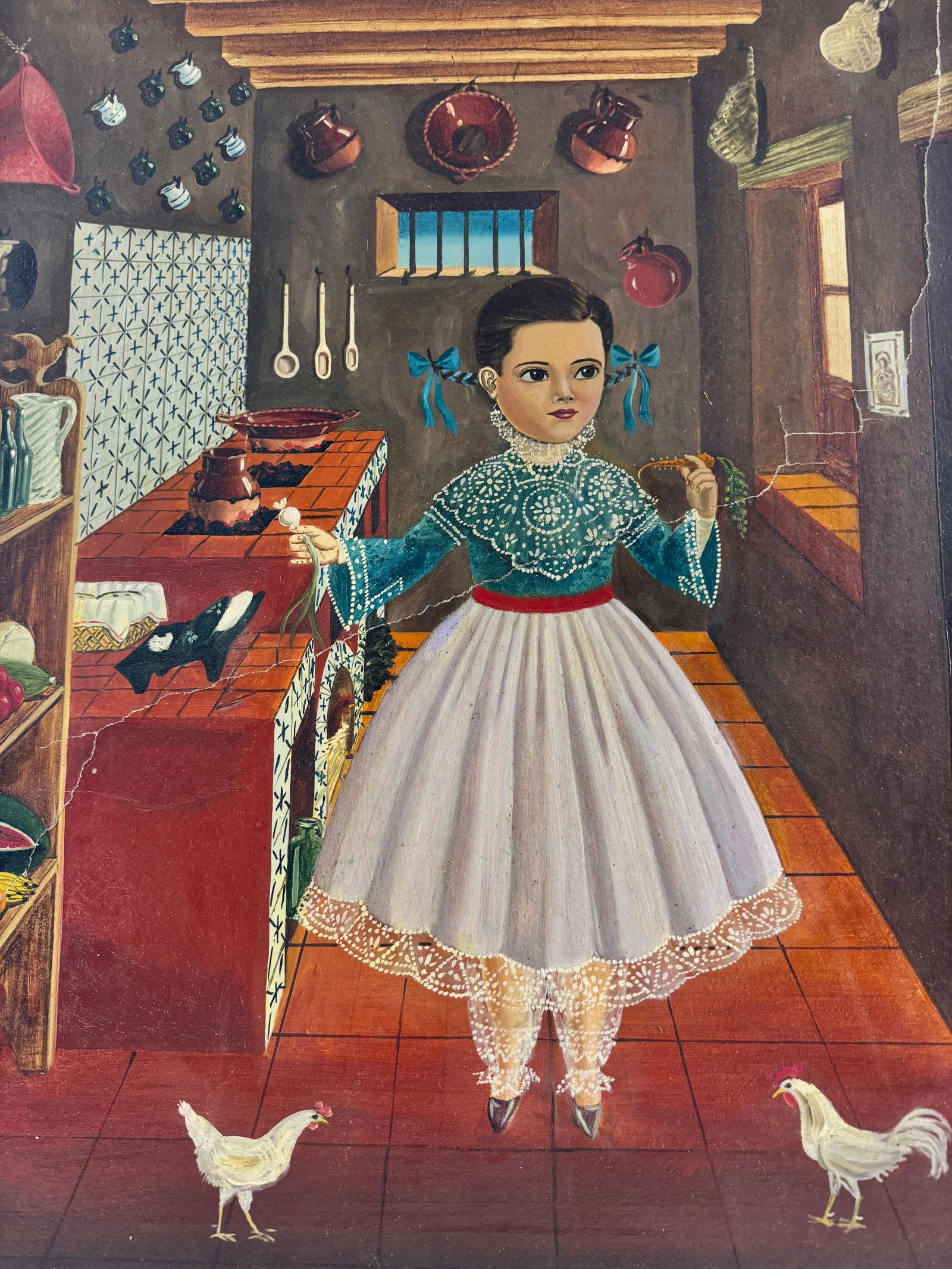 Agapito Labios Folk Art Painting Of A Girl In Kitchen Auction