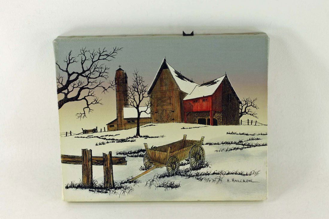 H. Hargrove Barn in Winter Scene Serigraph Painting