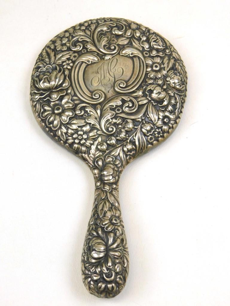 Antique Sterling Repousse Hand Mirror With Beveled