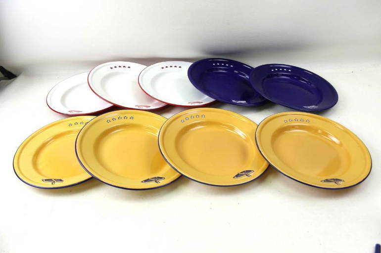 Lot Of 9 Vintage Taipro Enamelware Plates Canoe , Chair