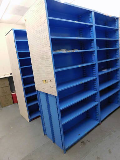 7 Blue Metal Shelving Units
