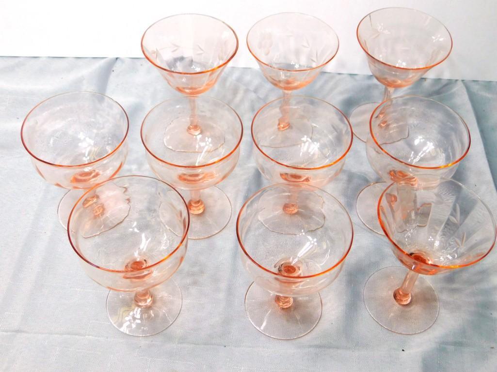 10 Pink Depression Glass Stemware Glasses , Various