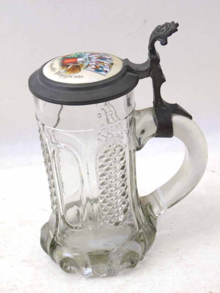Antique Crystal Glass Beer Stein Porcelain Inlaid Lid