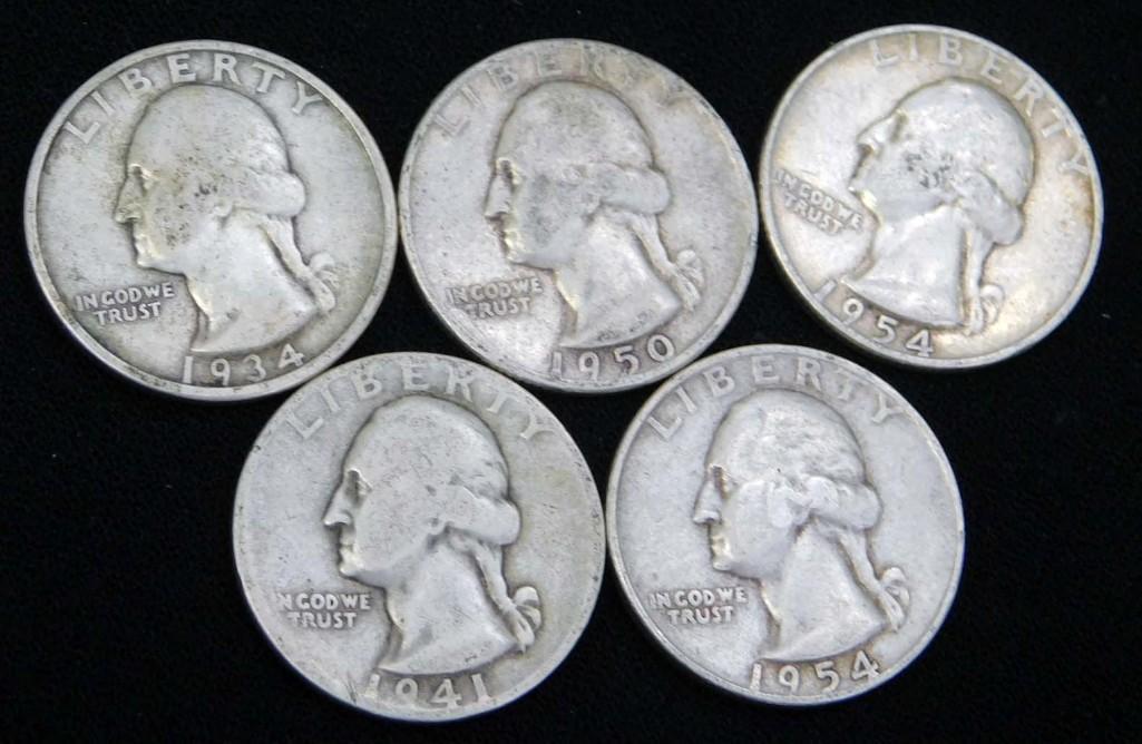 5 Washington Quarters Older Dates Incl 1943 , 1941