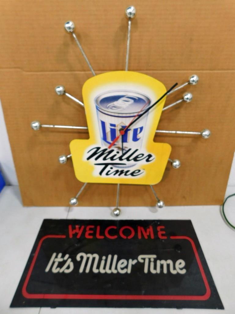 Miller Lite Clock And A Mille Lite Plastic Sign