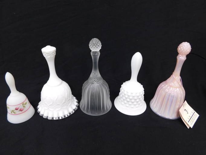 5 Fenton Glass Bells Incl Pink Pearly Sentiments Faberge Pattern, Satin ...
