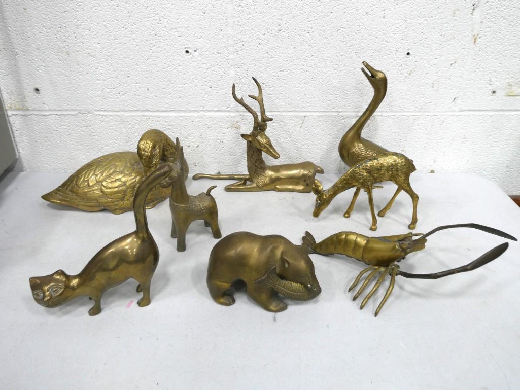 Brass Animals Incl Lobster, Bear, Cat, Deer, Goose, Duck, Etc