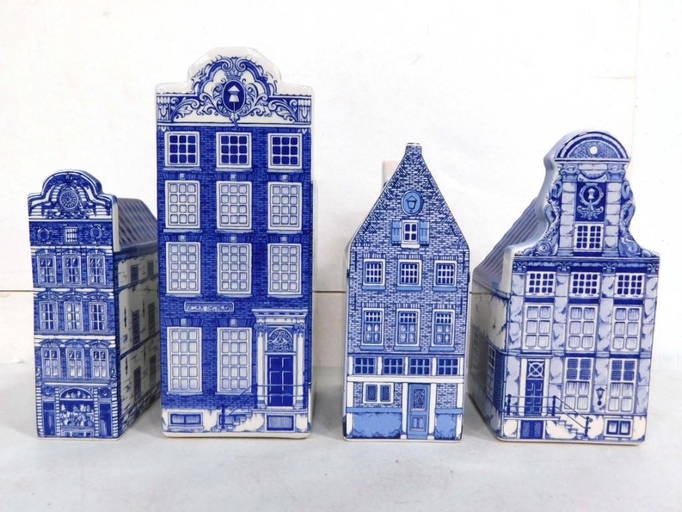 4 Delft Blue Ceramic Houses Hand Painted Made In Holland