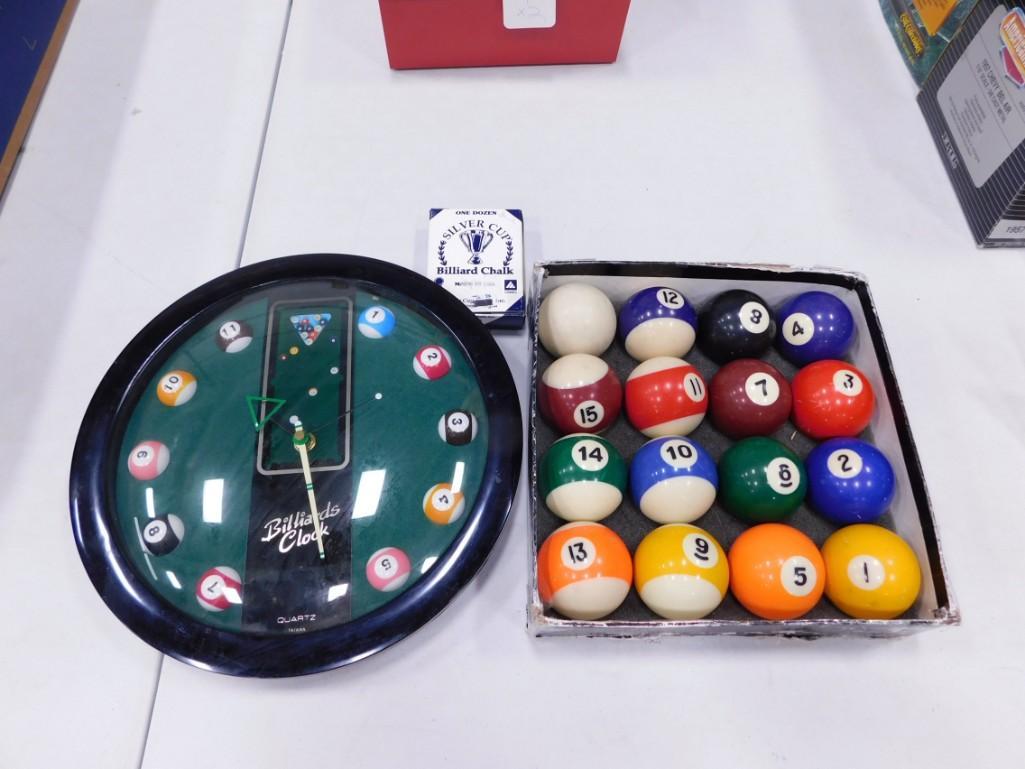 Billiards Clock, Pool Balls, And Billiard Chalk