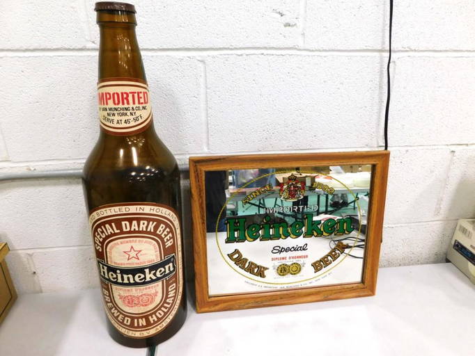 Heineken Dark Bar Mirror And Large Plastic Beer Bottle