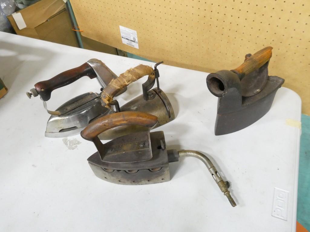 4 Antique Irons Incl Utility Gas Iron, Montgomery Ward Gasoline Iron ...