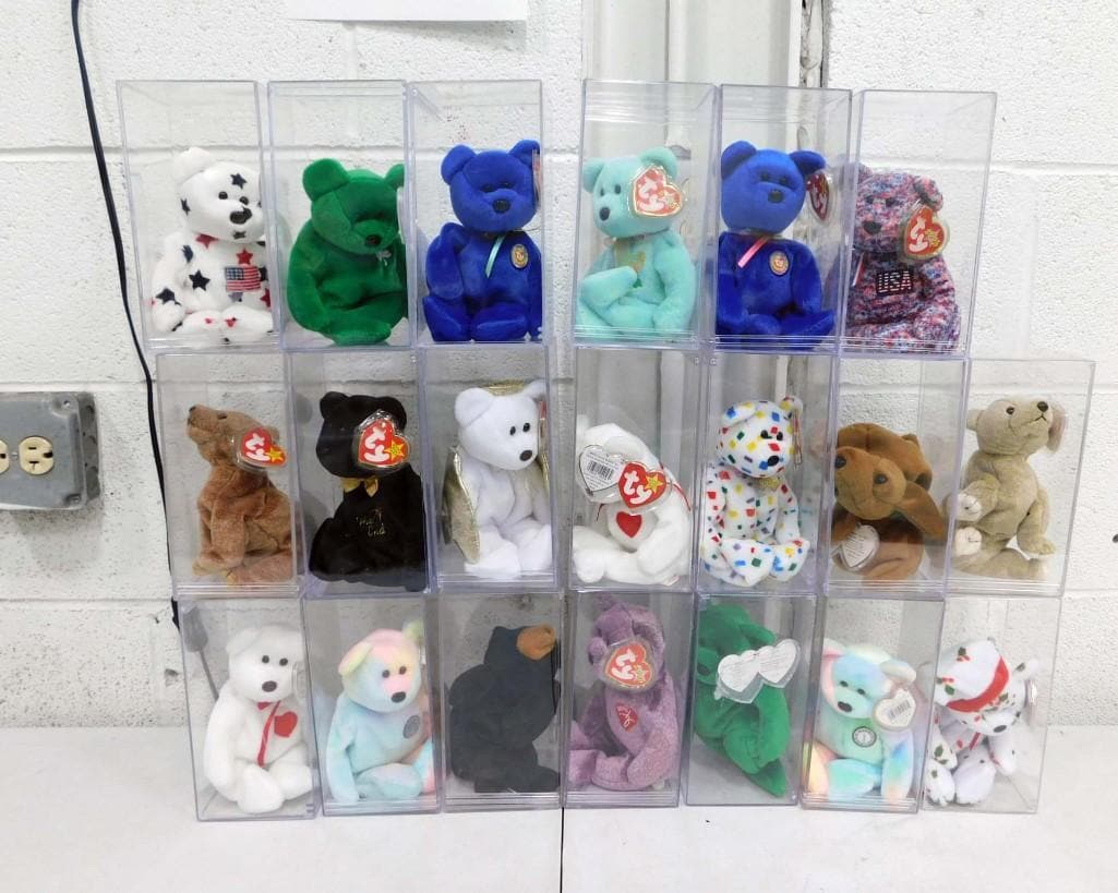 20 Beanie Babies In Acrylic Cases Mostly Bears