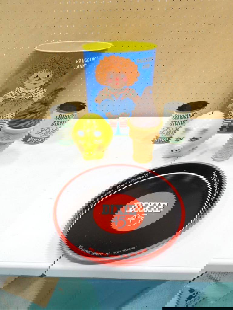 Collectibles Incl Dixie 45 Metal Beer Tray, Raggedy Ann Metal Trash Can ...