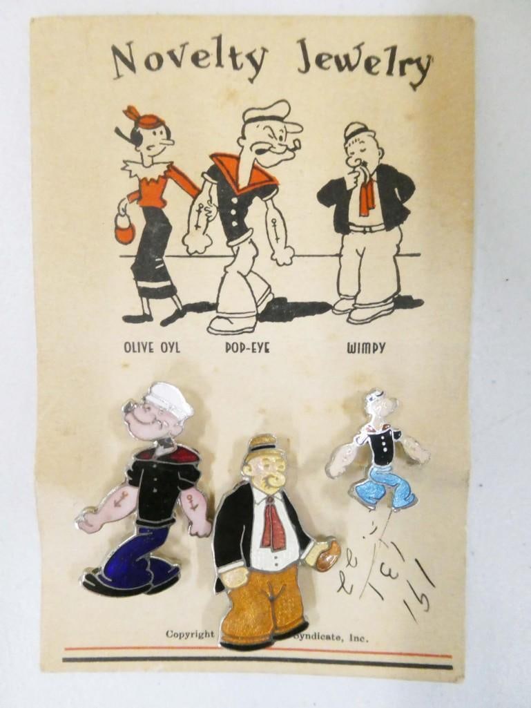 1930s Pop-eye Enamel Pins On Card New Old Stock Incl 2 Popeye And 1 ...