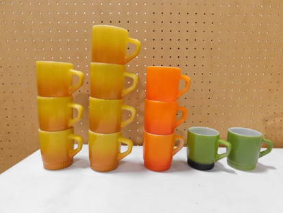 Vintage Fire King Mugs Incl Blue, Green, Harvest Gold, Yellow And Brown