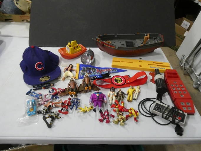 Misc. Toy Lot, Etc. Including Merlin, Figurines, Cubs Hat, Boats ...