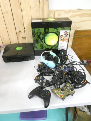 Xbox Lot Including System, Empty Box, Lots Of Controllers, Headphones, Etc.