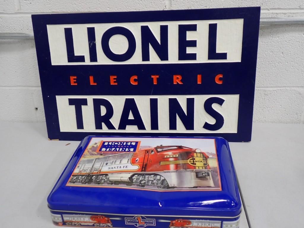 Lionel Electrin Trains Sign And A Lionel Metal Tin