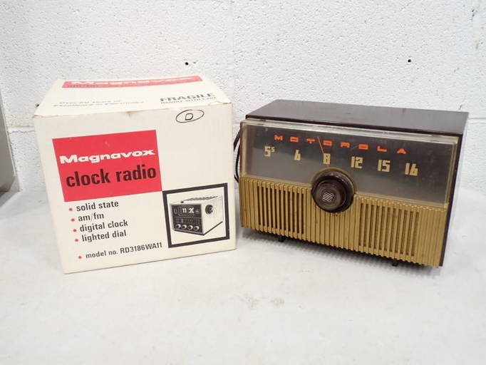 Vintage Motorola Tube Radio And Magnavox Clock Radio With Original Box