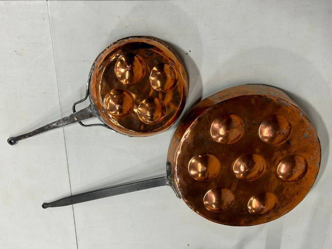 2 Antique Primitive Copper Egg Poachers 9" And 15"