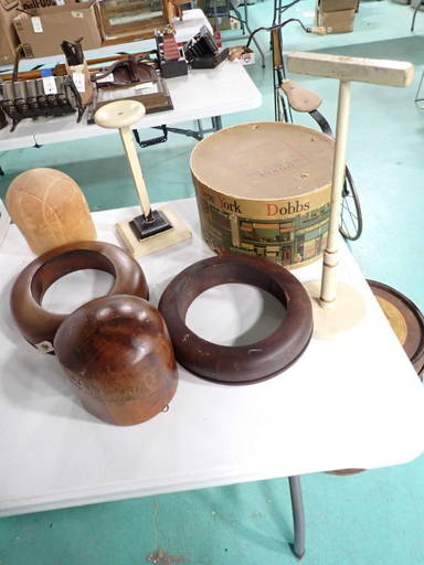 Lot Of Antique Millinery Hat Forms, Hat Stands, And Dobbs Hat Box