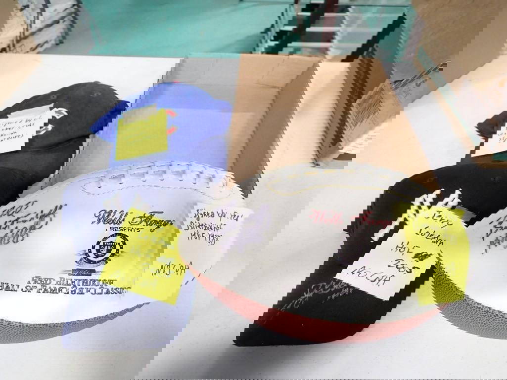 Autographed Hats And Football Including Jerry Coleman, Fred Biletnikoff ...