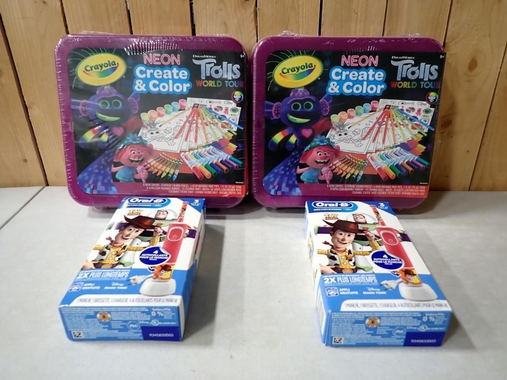 2 Crayola Neon Trolls Create & Color, Plus 2 Oral B Toy Story Electric ...