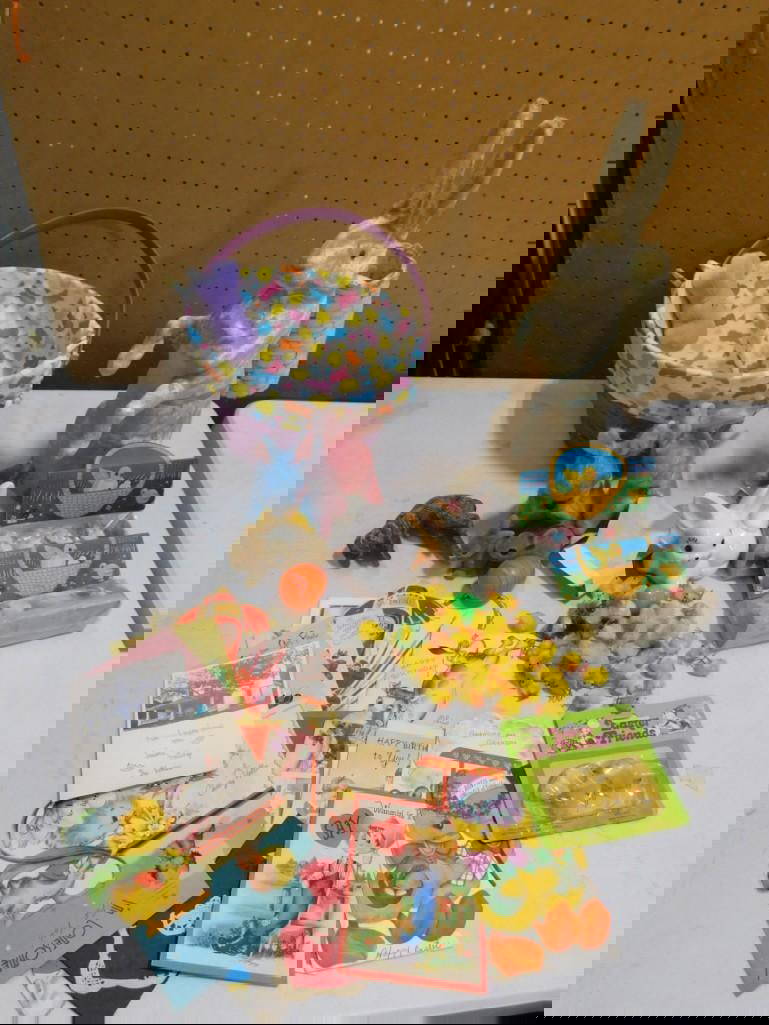 Easter Lot Including Basket, Bunnies, Chickens, Greeting Cards, Vintage ...