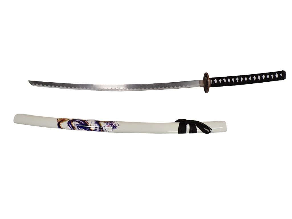 Katana Samurai Style Sword With Sheath With Dragon Design White Auction