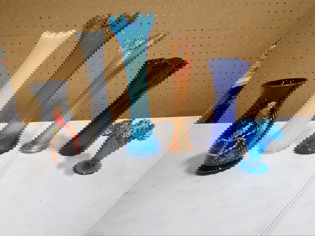 Vintage Vases Incl Blue Glass Stretch Or Swung Vase, Carnival Glass ...