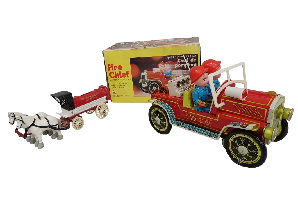 Fire Chief Battery Operated Tin Toy And An Ertl Die Cast Horse And ...