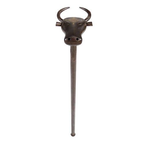 A Qajar Gold Inlaid Iron Ceremonial Cow Headed Mace,