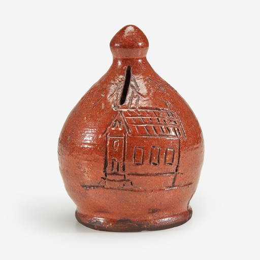 A Glazed Redware Bank Incised With A Church, 19th