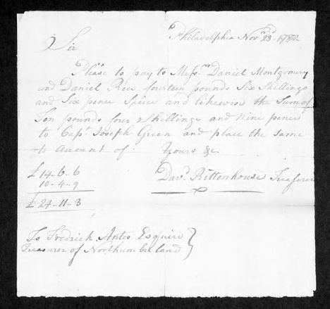 1 Piece. Manuscript Document Signed. Rittenhouse,