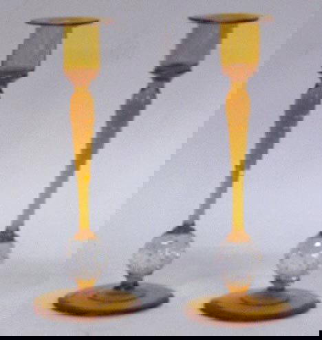 Pair Venetian Amber Glass Candlesticks,