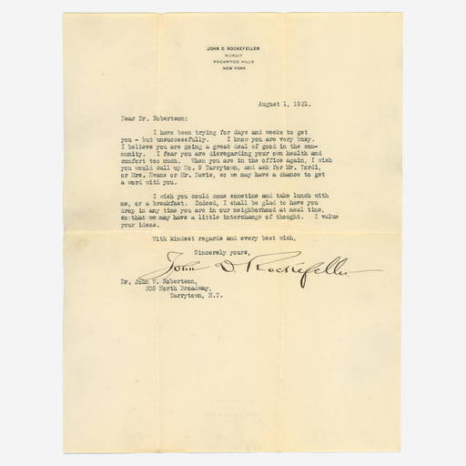 [business, Industry & Finance] Rockefeller, John D. Typed Letter, Signed