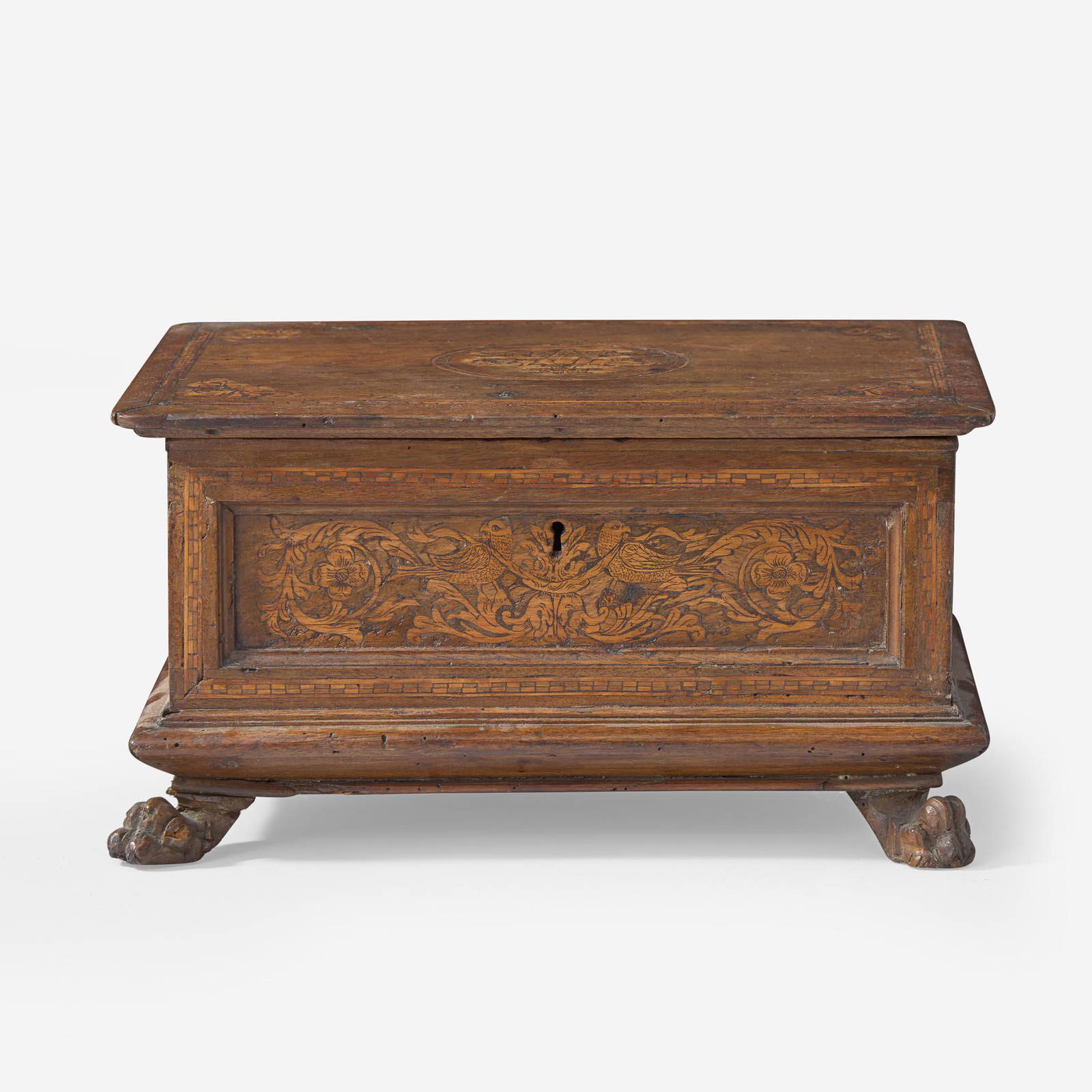 A Miniature Italian Marquetry Inlaid Walnut Cassone Or Document Box ...