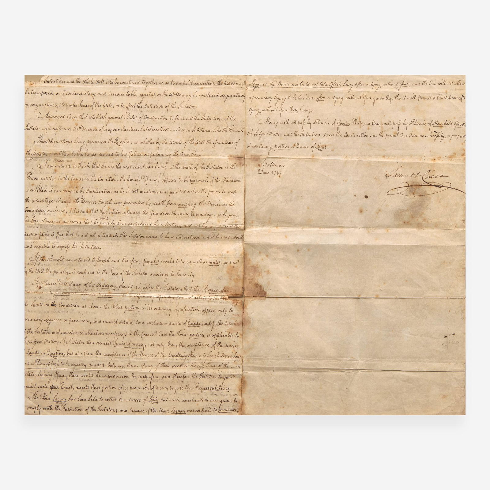 [declaration Of Independence] [maryland] Chase, Samuel Manuscript Document, Signed Auction