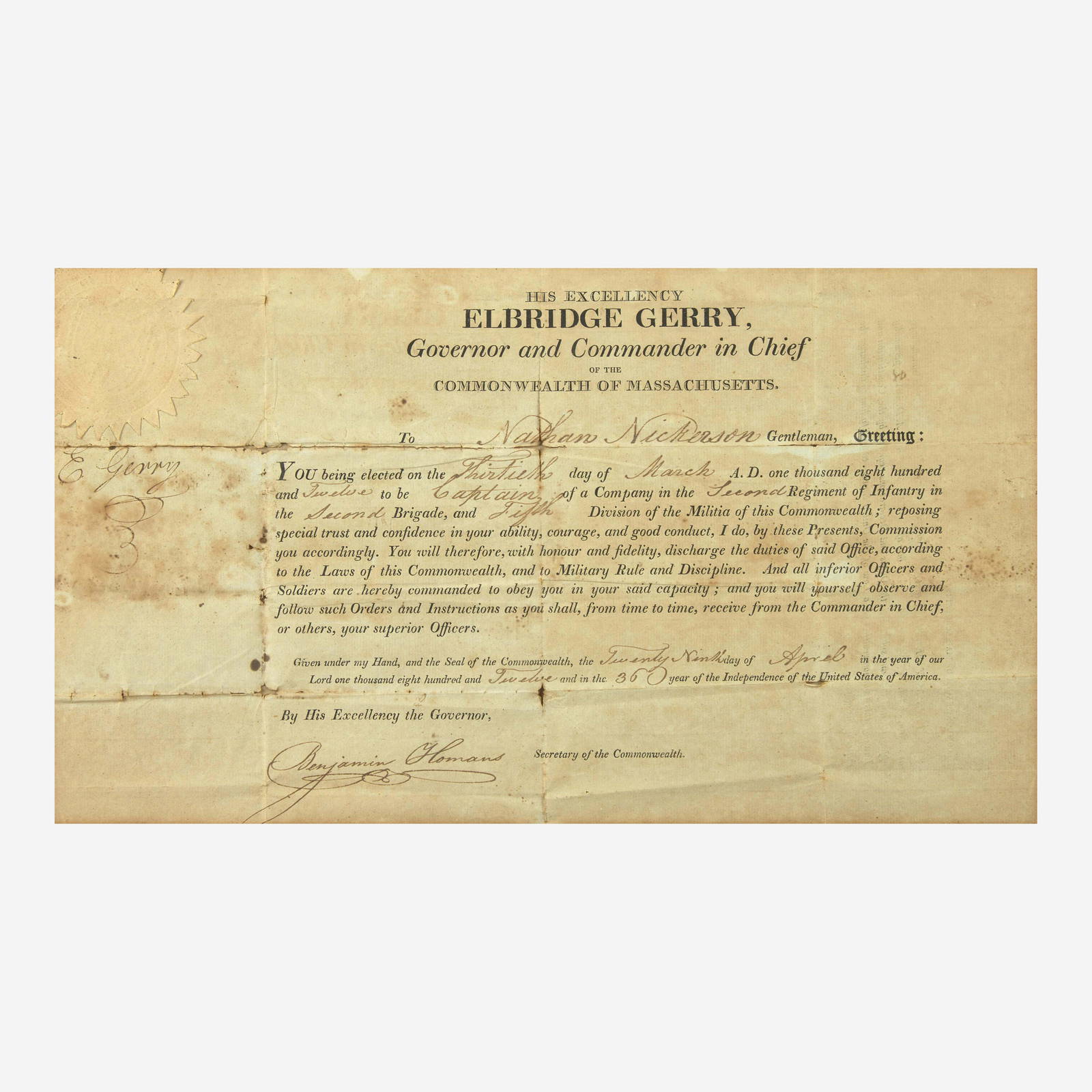 [declaration Of Independence] [massachusetts] Gerry, Elbridge Partially-printed Document, Signed ...