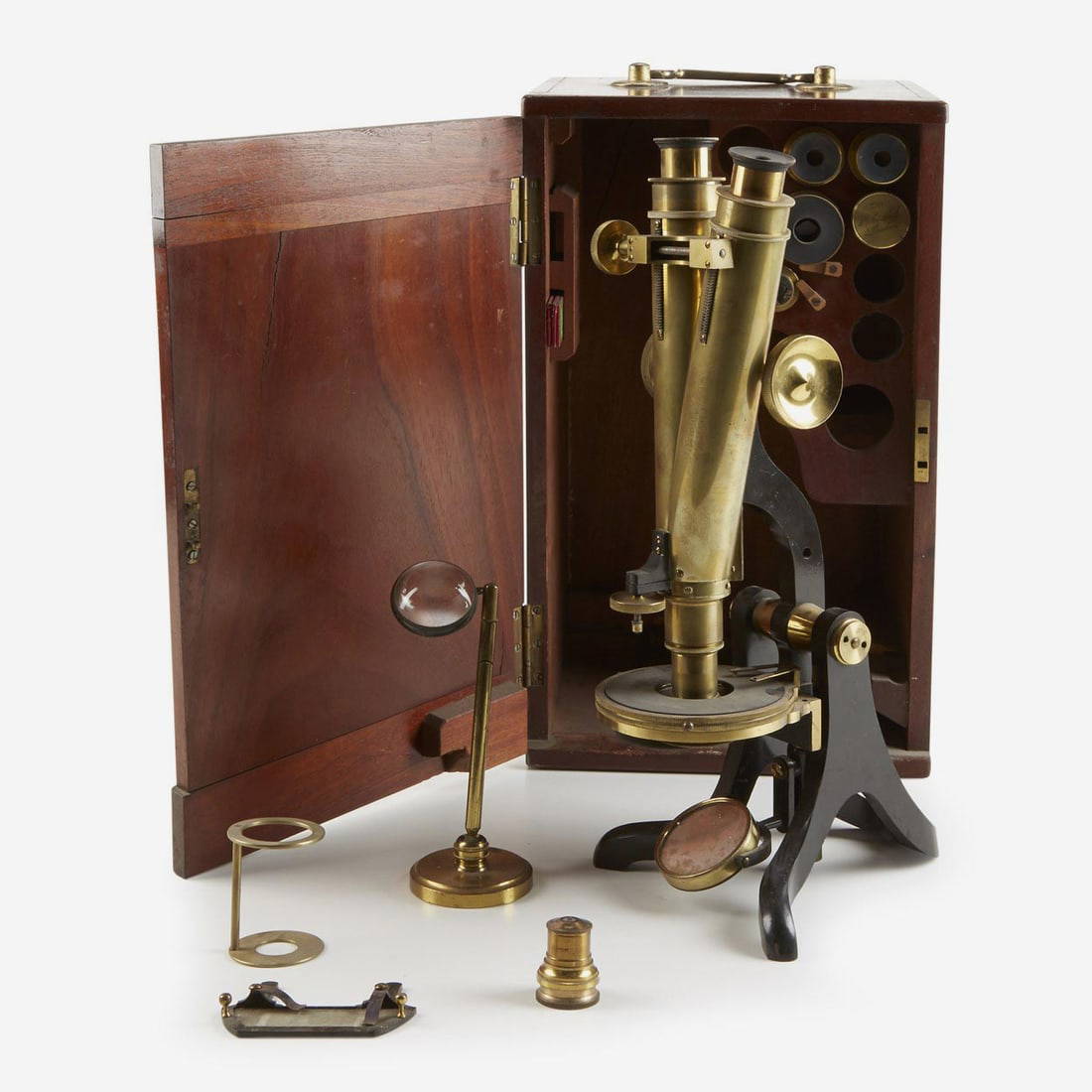 A Brass Binocular Microscope With Mahogany Traveling Chest Henry Crouch ...